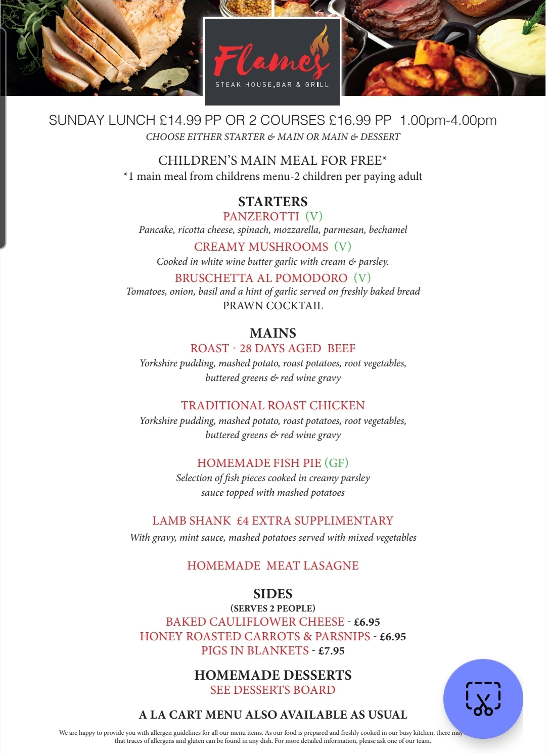 Sunday Lunch Menu - Flames Steakhouse Darwen