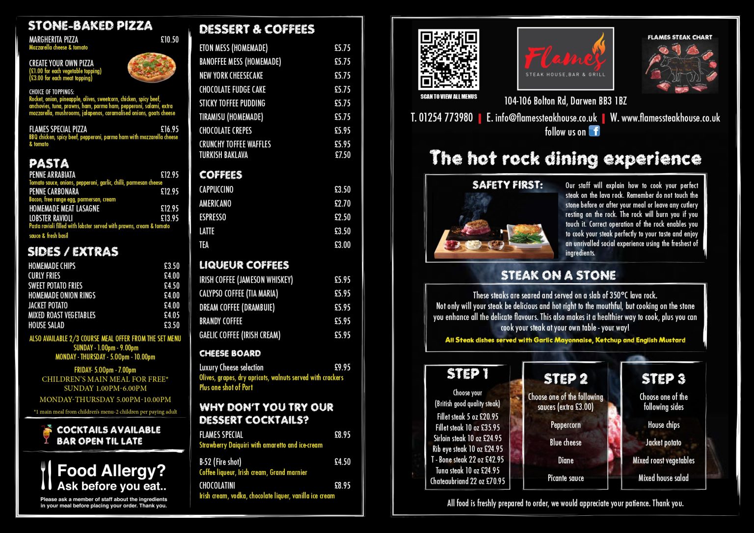 Evening Menu - Flames Steakhouse Darwen