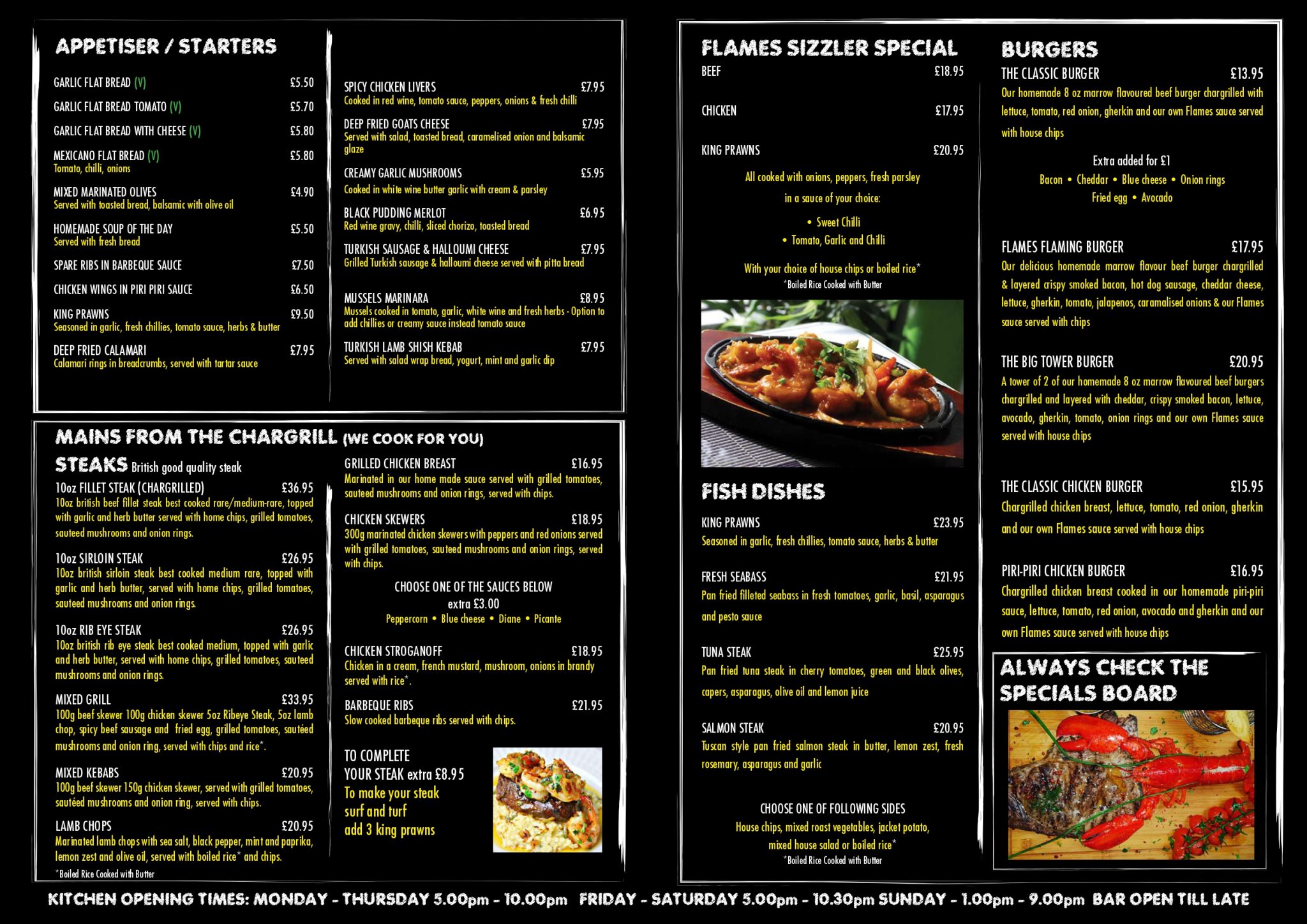 Evening Menu - Flames Steakhouse Darwen